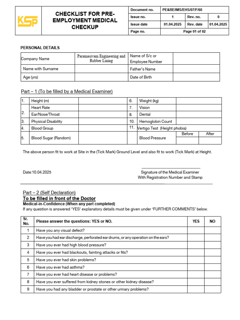 Pre Employment Medical Checkup | PDF | Medicine | Diseases And Disorders