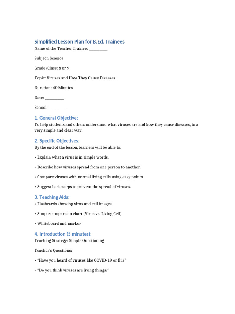 Simplified BEd Lesson Plan Viruses | PDF | Lesson Plan | Virus