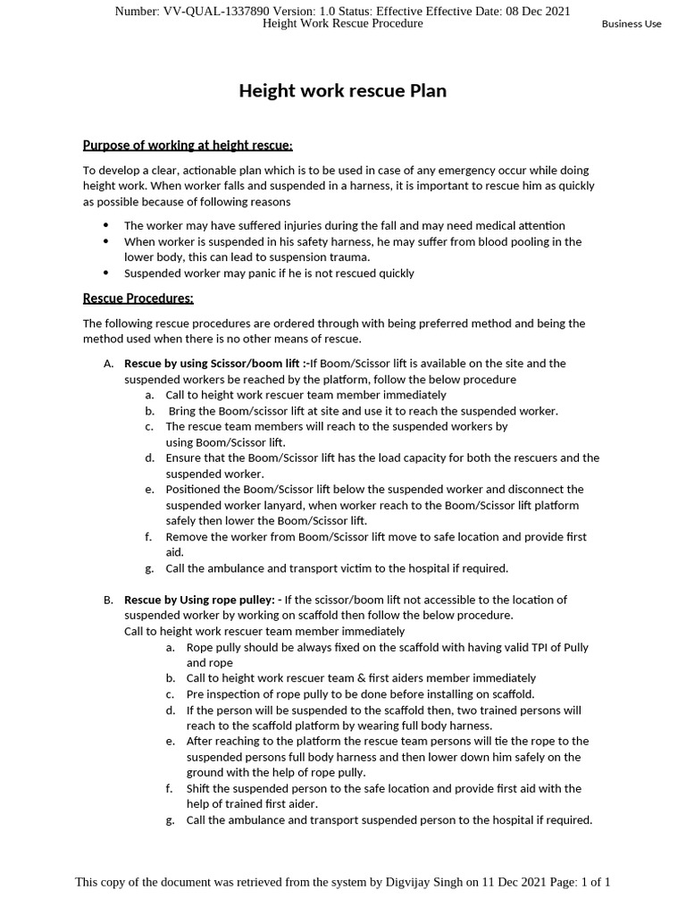 Height Work Rescue Procedures Guide | PDF | Occupational Safety And ...
