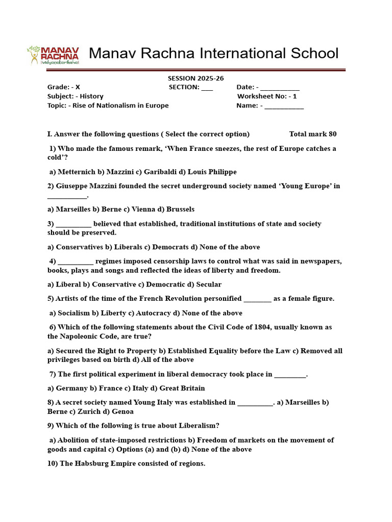 Nationalism in Europe Worksheet | PDF | Political Science | Government