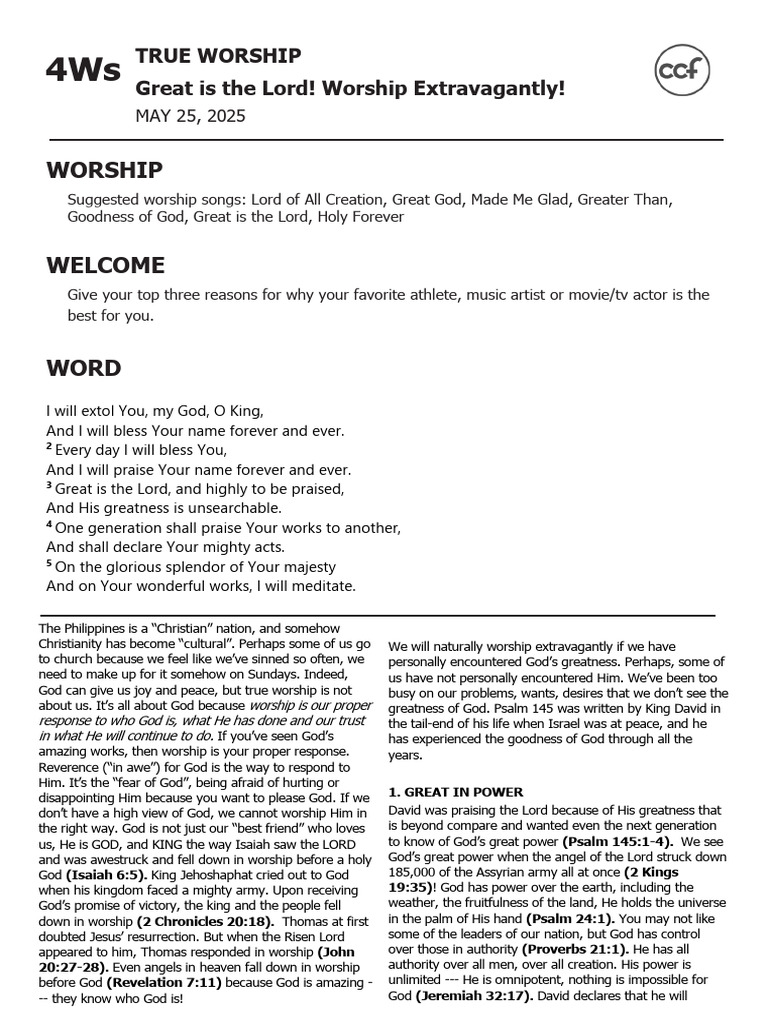 4Ws 052525 Great Is The Lord Worship Extravagantly 1 | PDF | David | Grace In Christianity