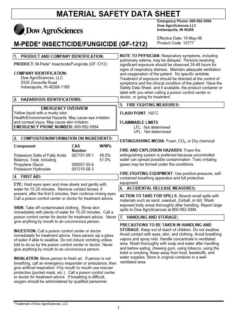 M-Pede Insecticide/Fungicide Safety Data | PDF | Polyvinyl Chloride | Waste
