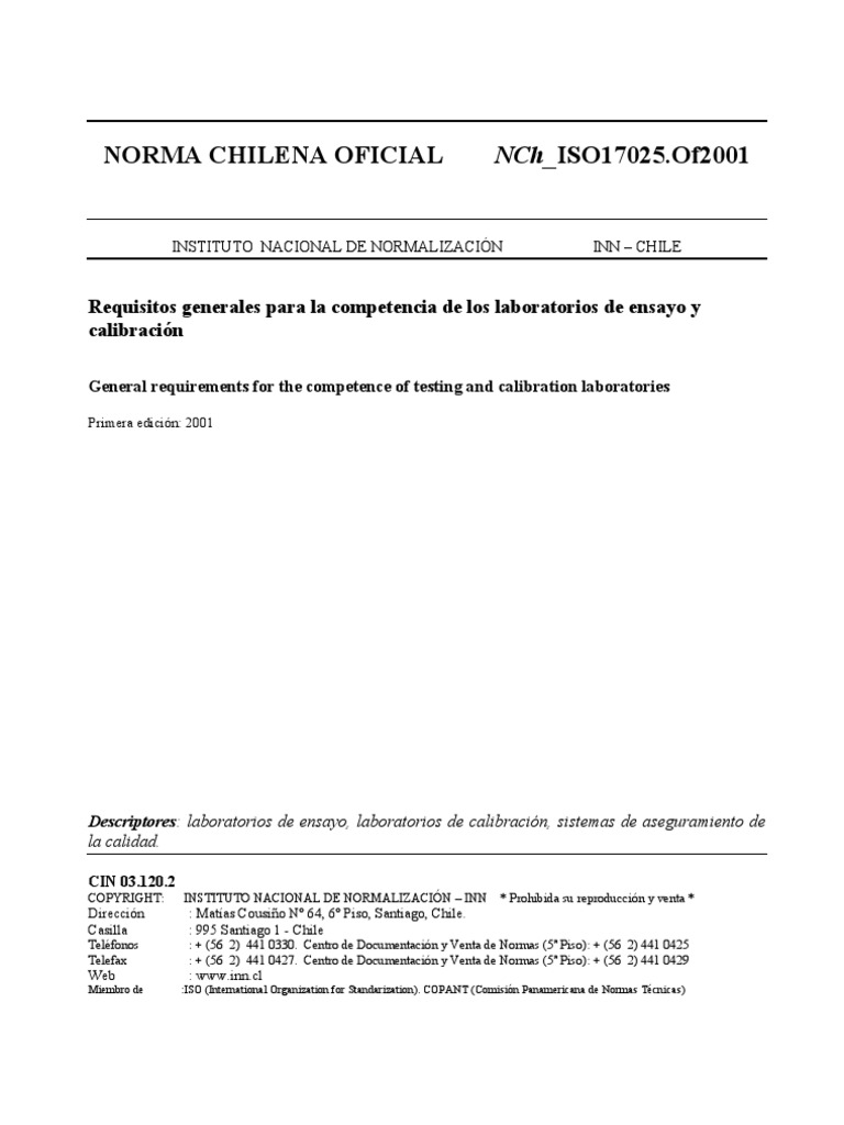 NCH Iso 17025 | PDF | Calibración | Calidad (comercial)