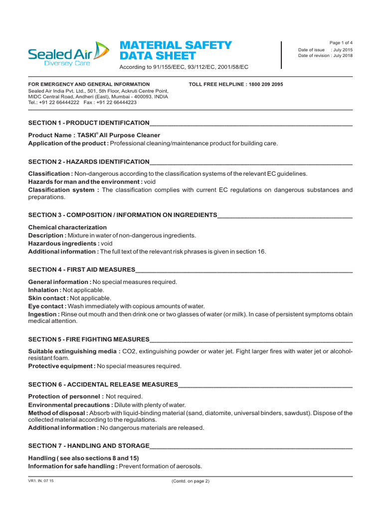 TASKI All Purpose Cleaner MSDS | PDF | Occupational Safety And Health ...
