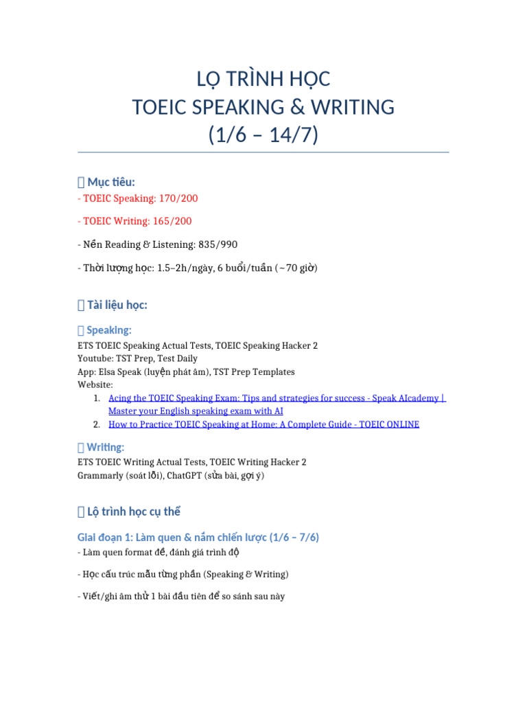 TOEIC Speaking & Writing Study Plan | PDF | Language Mechanics | Grammar