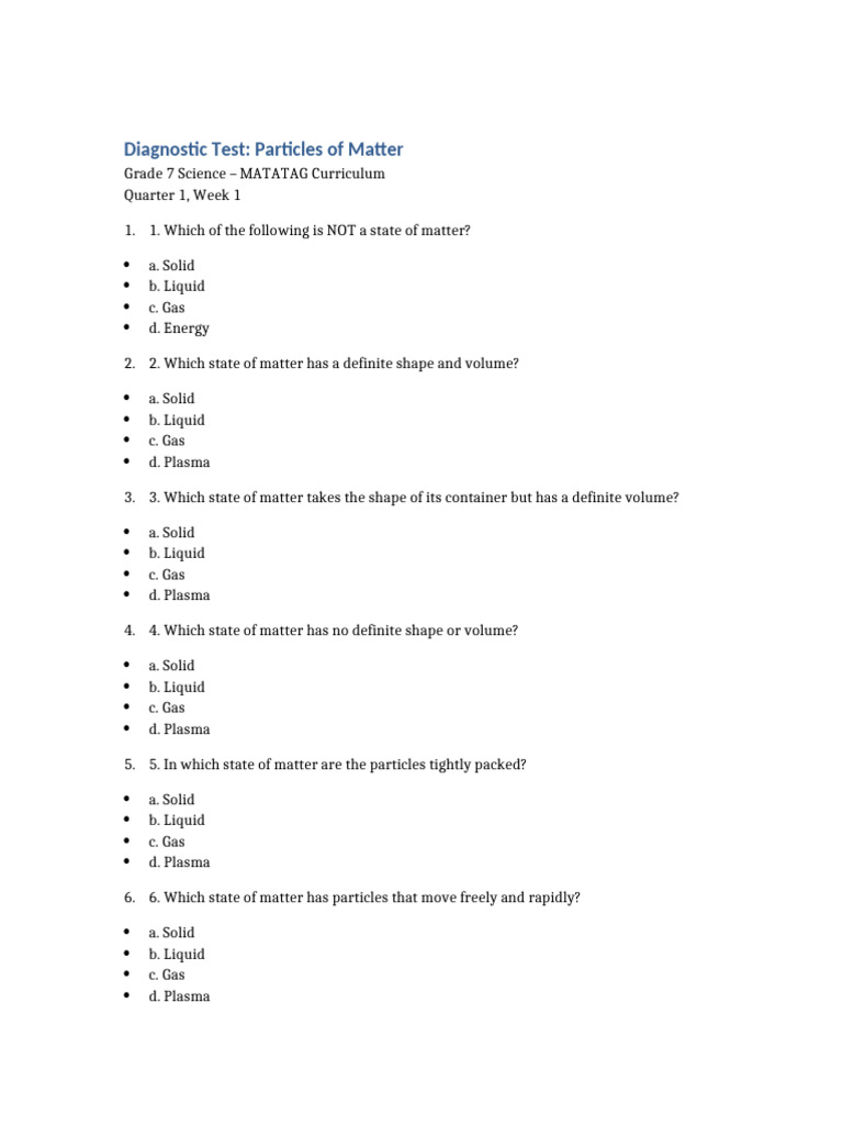 Diagnostic Test Particles of Matter | PDF | Liquids | Gases