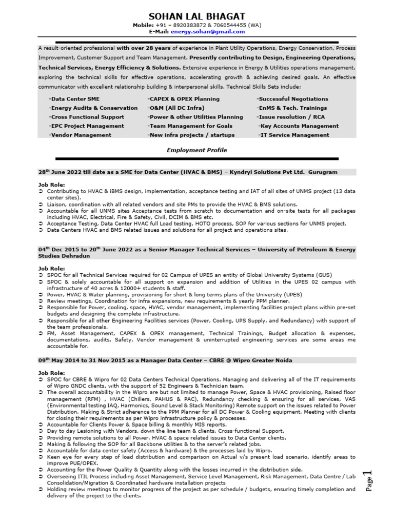 Sohan Lal Bhagat CV 2025 | PDF | Data Center | Power Station