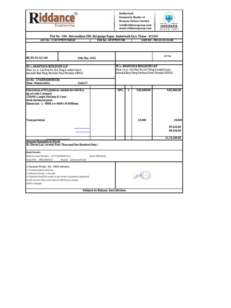 Quotation for Anantaya Buildcon LLP | PDF | Sales | Economy Of India