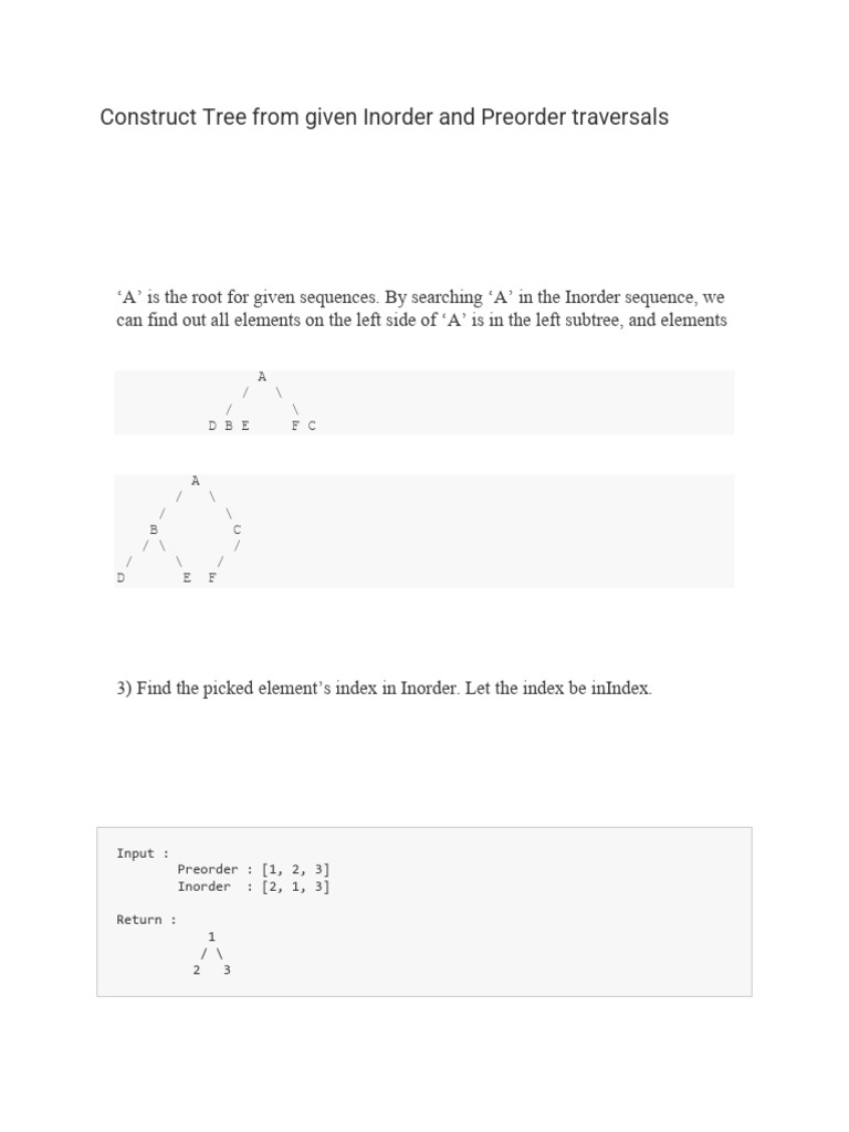 Tree Construction Fro Inorder and Preorder | PDF