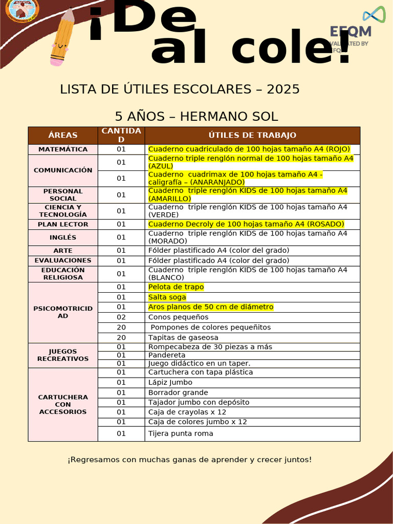 Útiles Escolares 2025 para 5 Años | PDF | Color | Arco iris