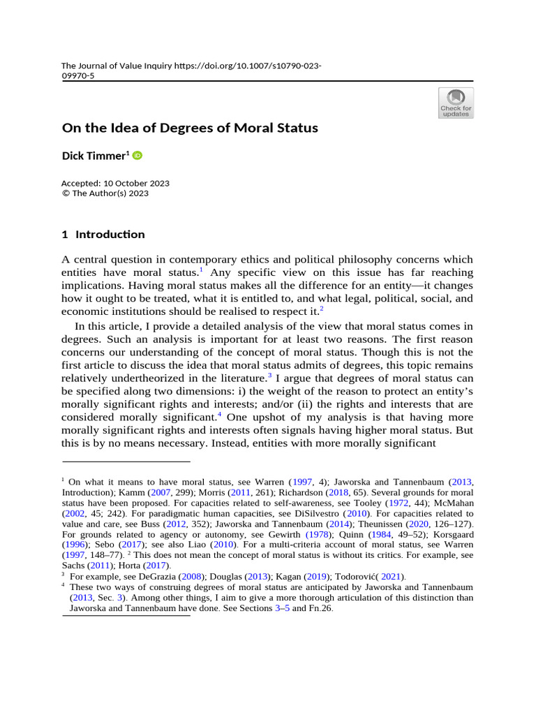 On The Idea of Degrees of Moral Status: Dick Timmer | PDF | Reason ...