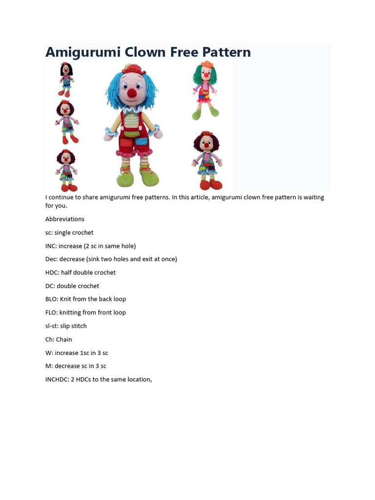 Free Amigurumi Clown Crochet Pattern | PDF | Crochet | Amigurumi