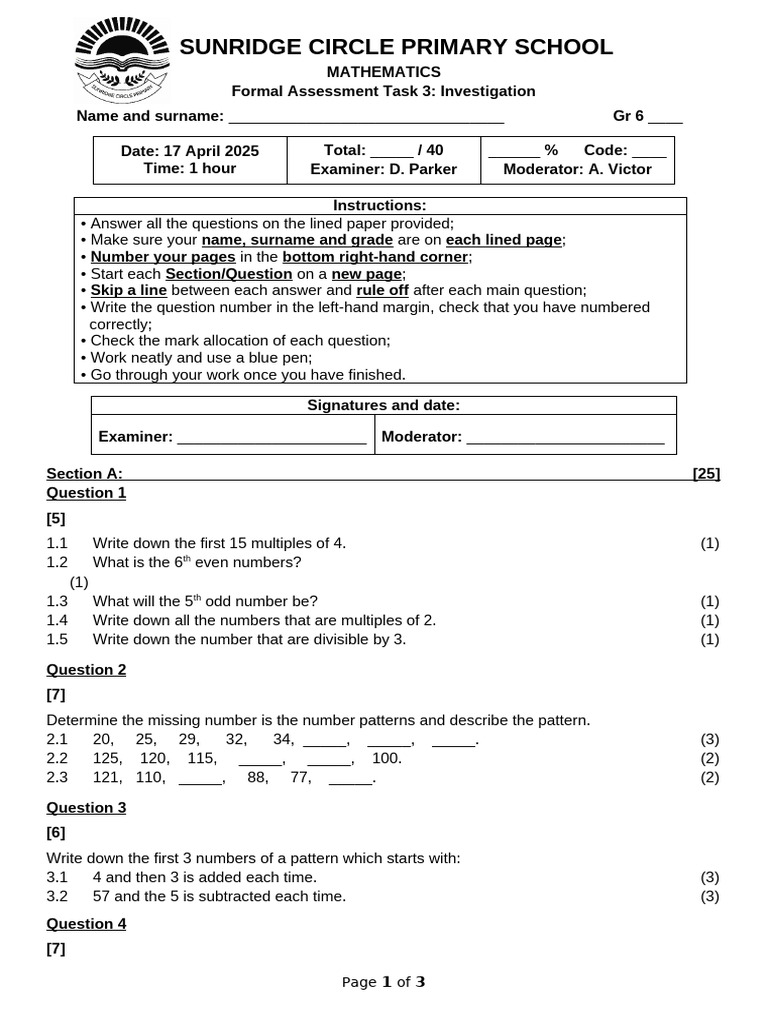 Grade 6 Maths Test Term 1 (Platinum) | PDF | Mathematics