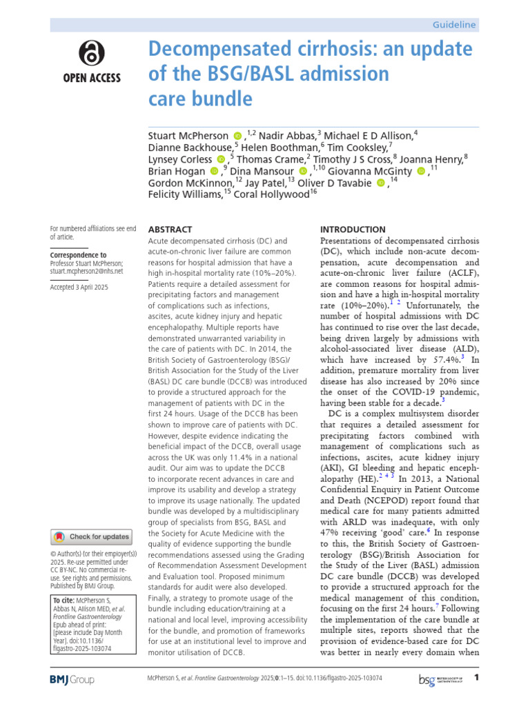 Decompensated Cirrhosis - An Update of The BSGBASL Admission Care Bundle | PDF | Cirrhosis ...