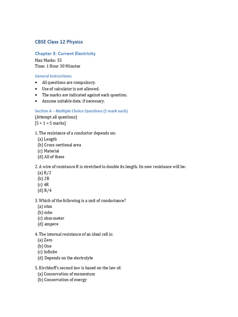 Class 12 Physics Ch3 Question Paper | PDF | Resistor | Electrical Conductor