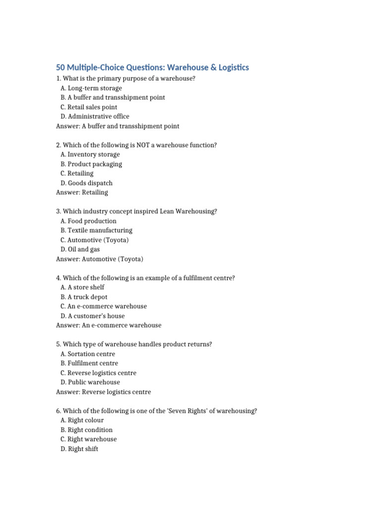 Warehouse & Logistics MCQ Exam Guide | PDF | Warehouse | Logistics