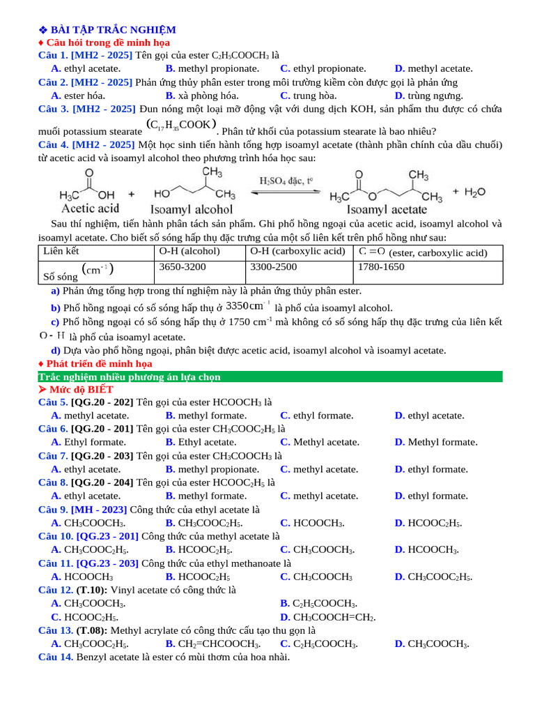 Ôn Trắc Nghiệm Ester | PDF