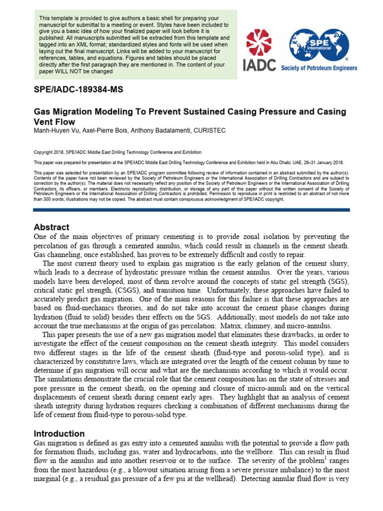 Gas Migration Modeling To Prevent Sustained Casing Pressure and Casing ...