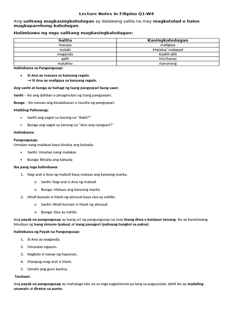 Lecture Notes in Filipino Q1-W4 | PDF