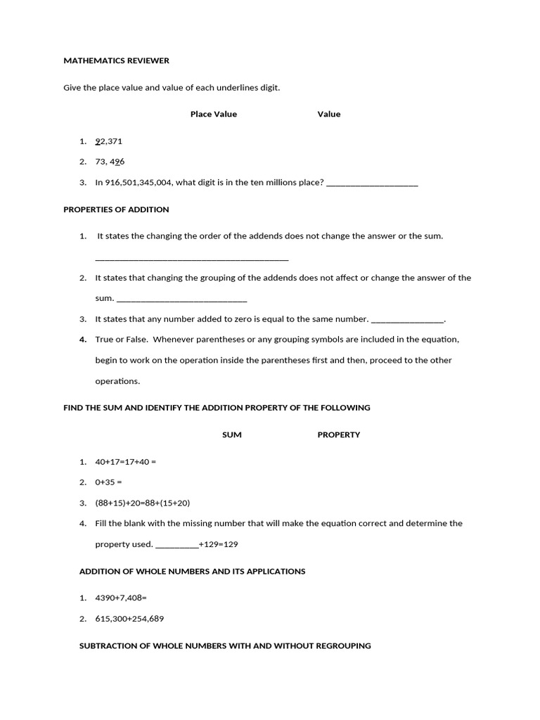 Comprehensive Mathematics Reviewer Guide | PDF | Subtraction ...