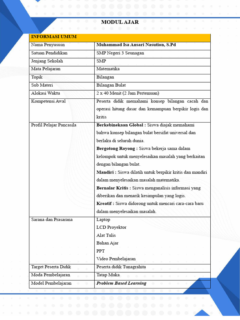 Pembelajaran Bilangan Bulat SMP | PDF