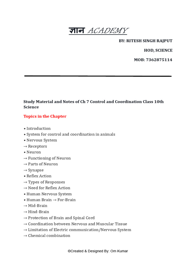 Ch-7 Control and Coordination Notes | PDF | Nervous System | Hormone