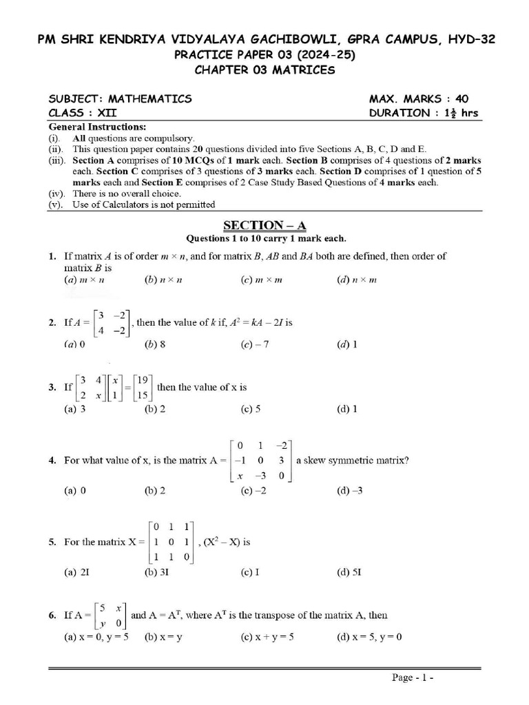 Maths Class Xii Chapter 03 Matrices Practice Paper 03 2024 Answers (1 ...