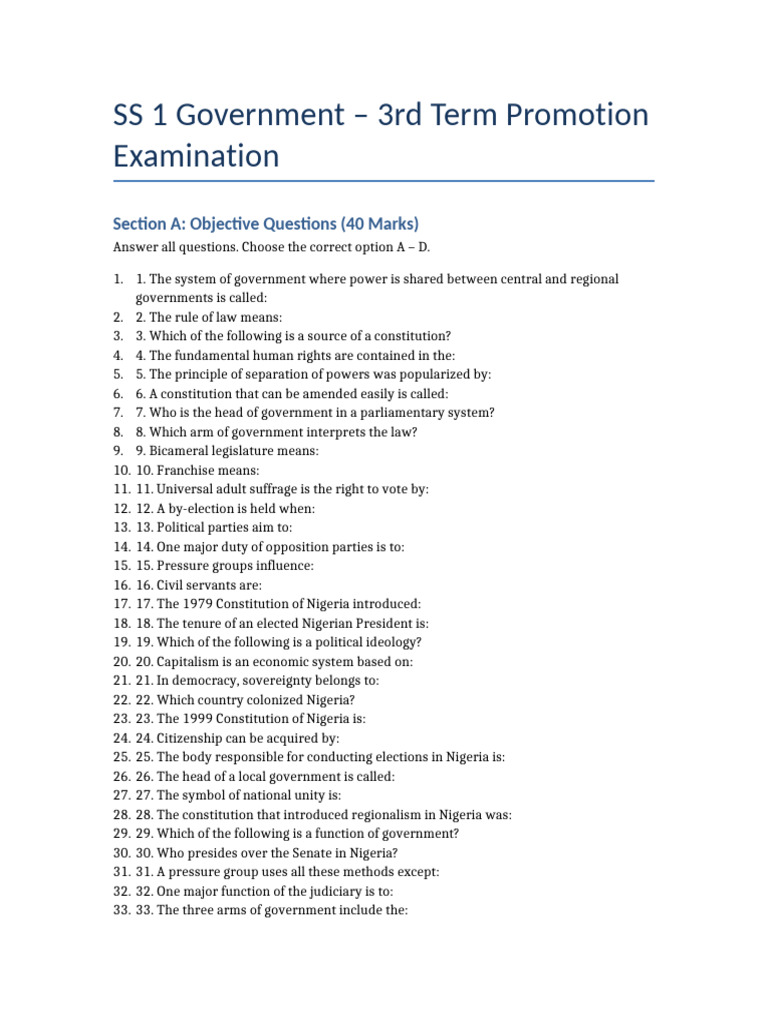 SS1 Government 3rd Term Exam Questions | PDF | Suffrage | Constitution