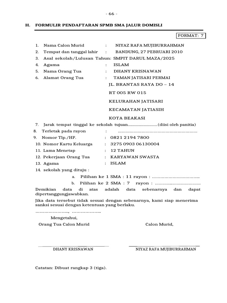 Formulir Pendaftaran SPMB Sma Jalur Domisli | PDF