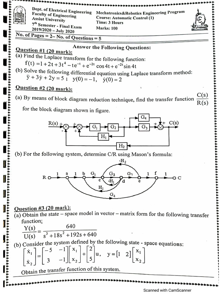 2020 - Mechatronics - Final Exam (Jul.) - Dr. Noby | PDF