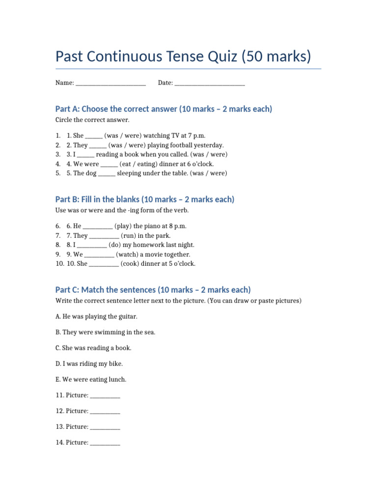 Past Continuous Quiz Movers 50 Marks | PDF