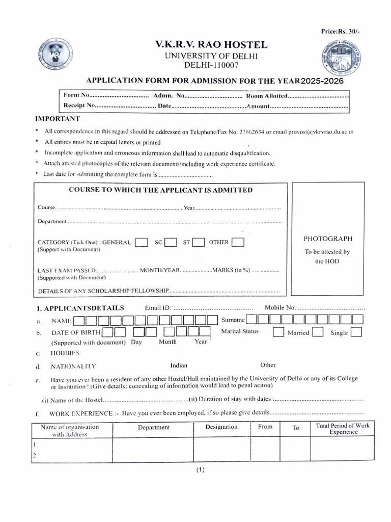 DU Hostel Admission Form 2025 | PDF