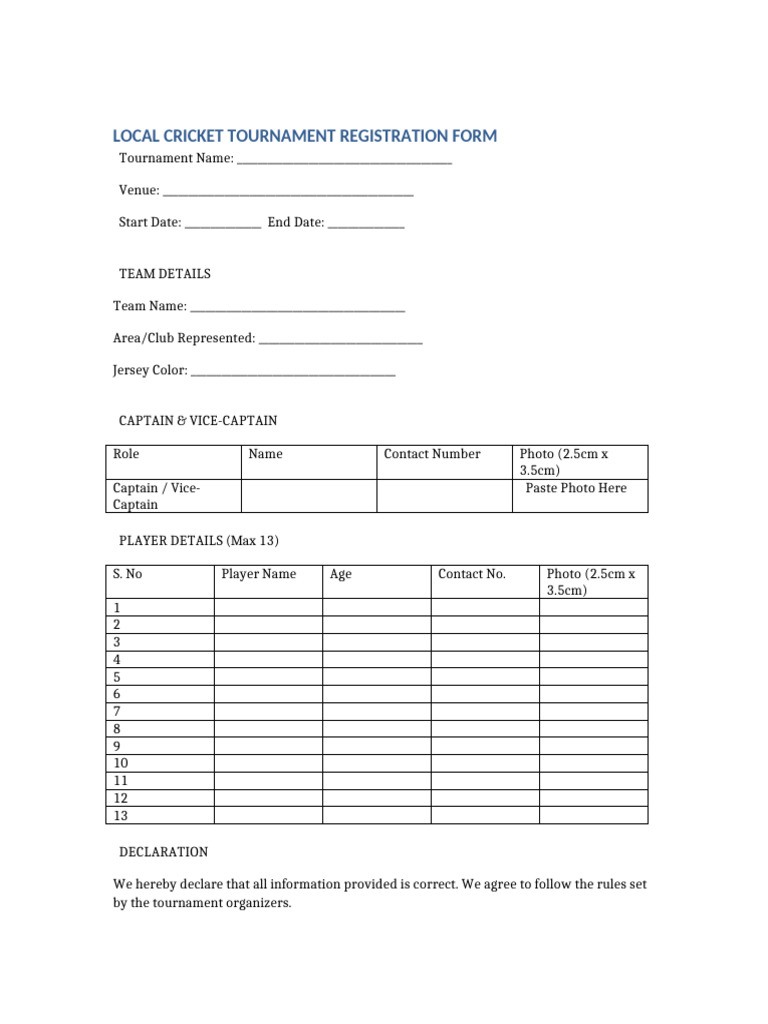 Cricket Tournament Registration Form | PDF