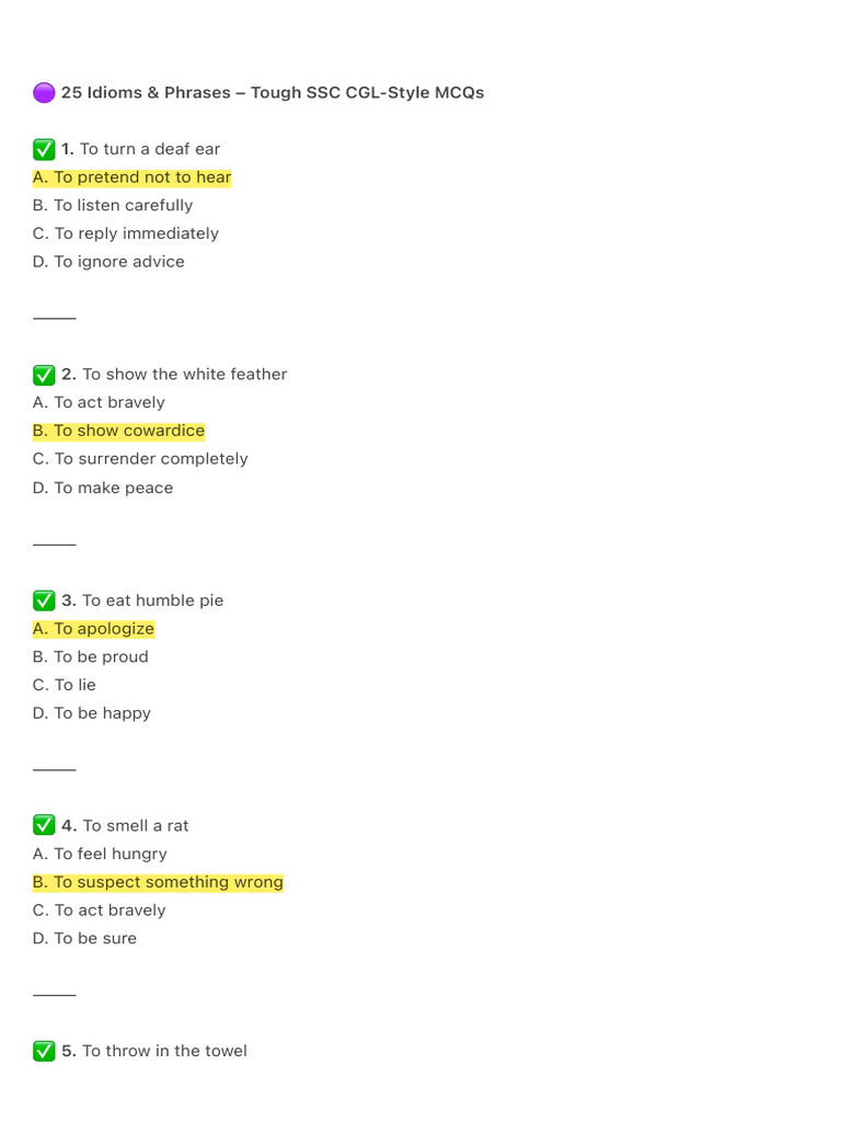 SSC CGL Idioms & Phrases Quiz | PDF