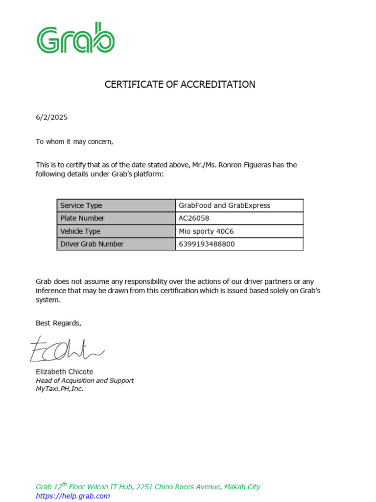 Grab Certificate of Accreditation Details | PDF