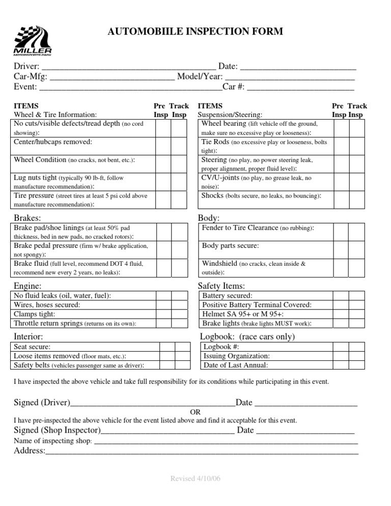 Automobile Inspection Form | PDF | Tire | Brake