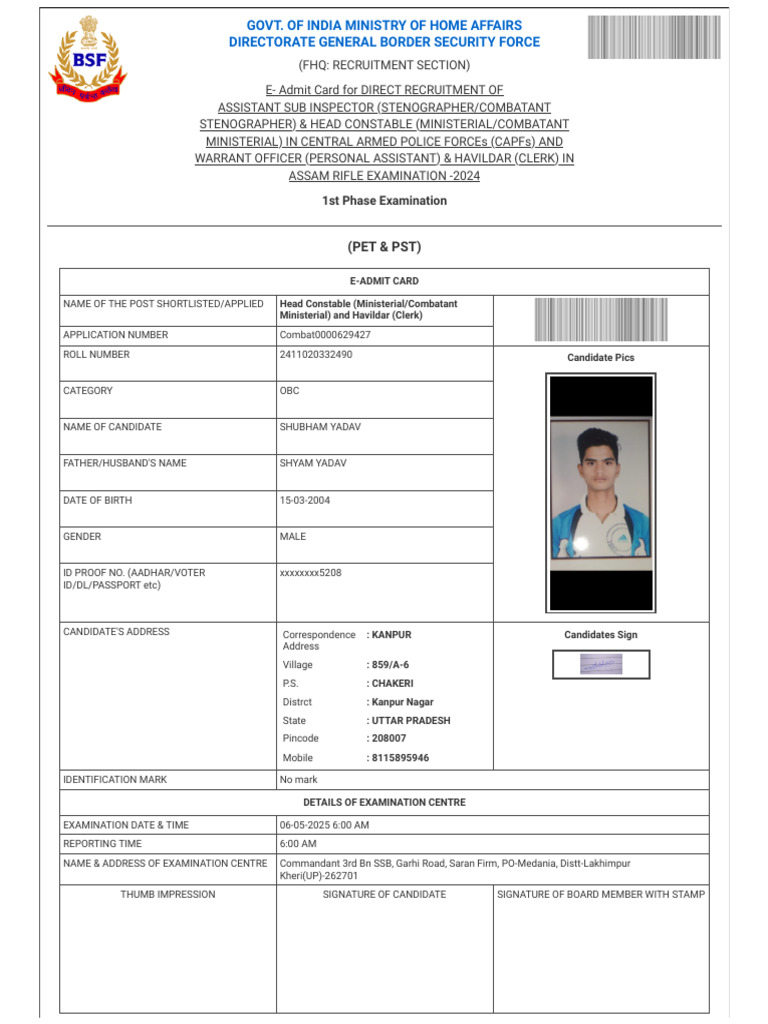 Rectt - Bsf.gov - in Applicant Print-Card Id 3565344 | PDF | Government