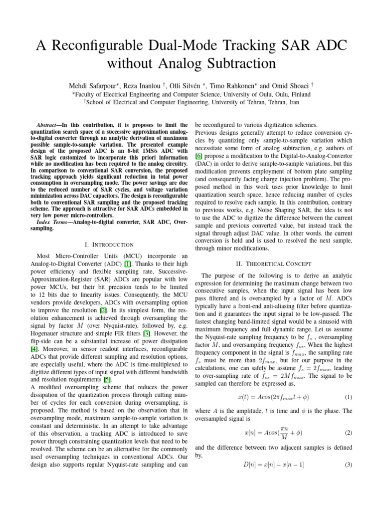 A Reconfigurable Dual Mode Tracking SAR ADC Without Analog Subtraction | PDF | Analog To Digital ...