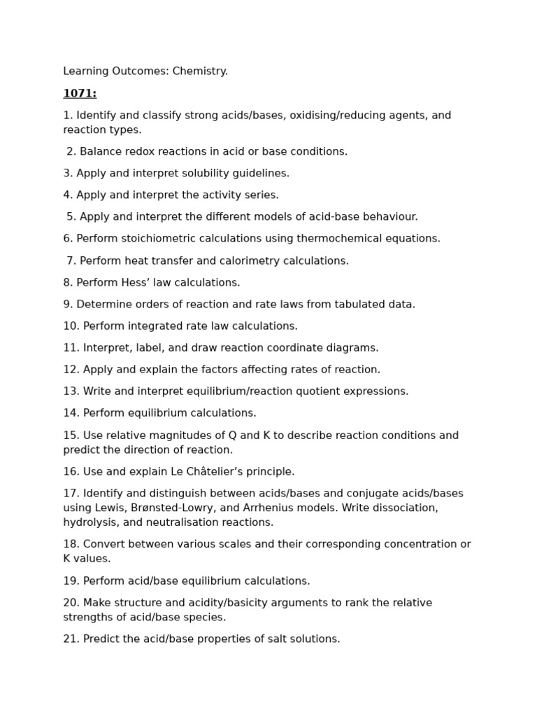 Learning Outcomes Chemistry | PDF