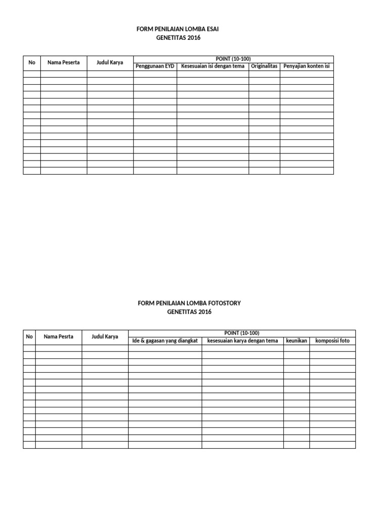 Form Penilaian Lomba Genetika 2016 | PDF