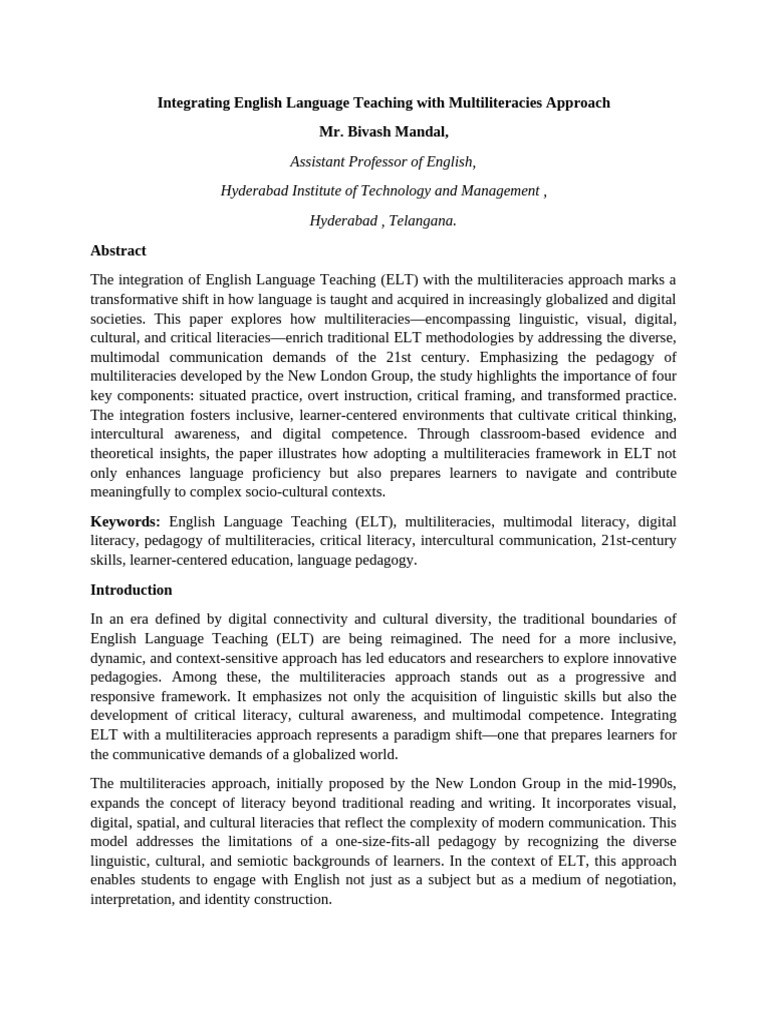 Integrating English Language Teaching With Multiliteracies Approach | PDF | Pedagogy | Learning