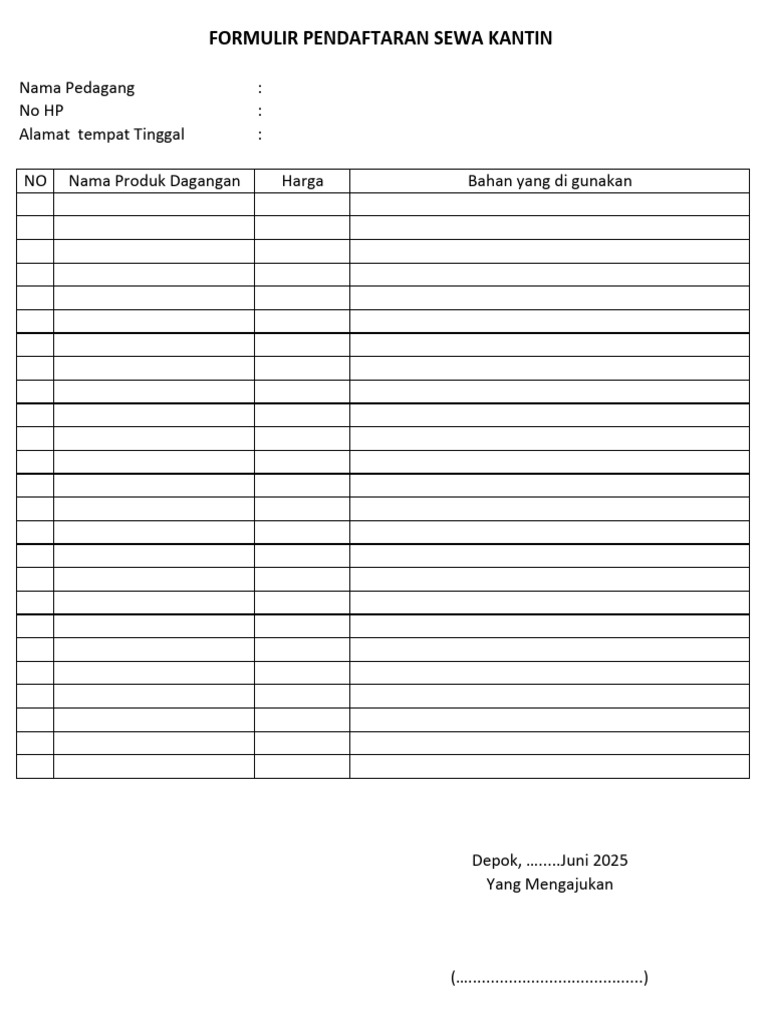 Form Sewa Kantin 2025 | PDF