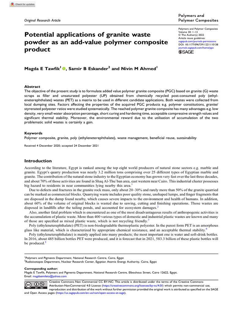 Tawfik Et Al 2022 Potential Applications of Granite Waste Powder As An ...