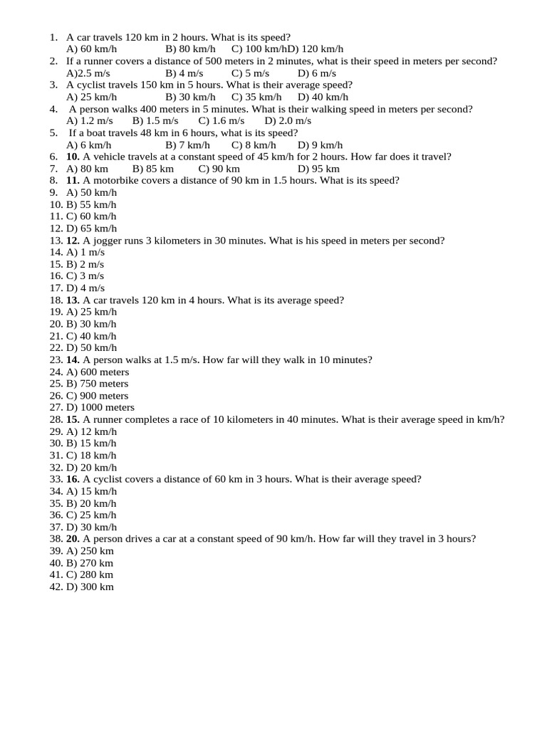 7th Class Speed Worksheet | PDF