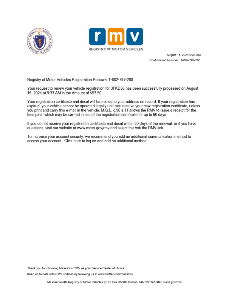 MA Vehicle Registration Renewal Confirmation | PDF