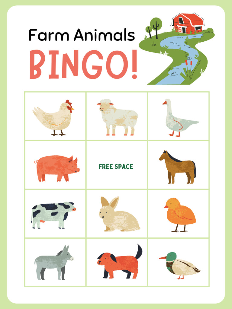 English Vocabulary Farm Animals Bingo Worksheet in Green Orange ...