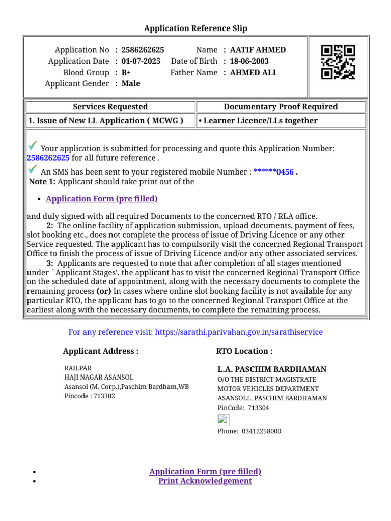 Learner Licence Application Slip 2586262625 | PDF