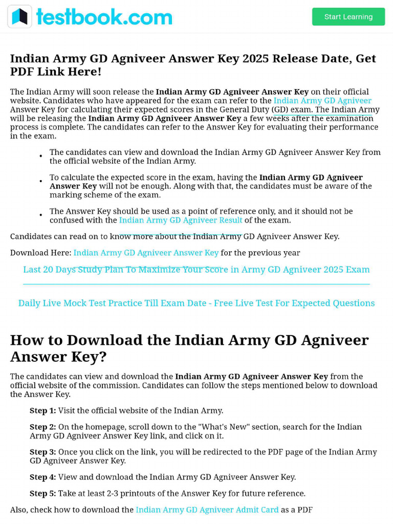 Indian Army GD Agniveer Answer Key 2025 Release Date, Get PDF Link Here ...