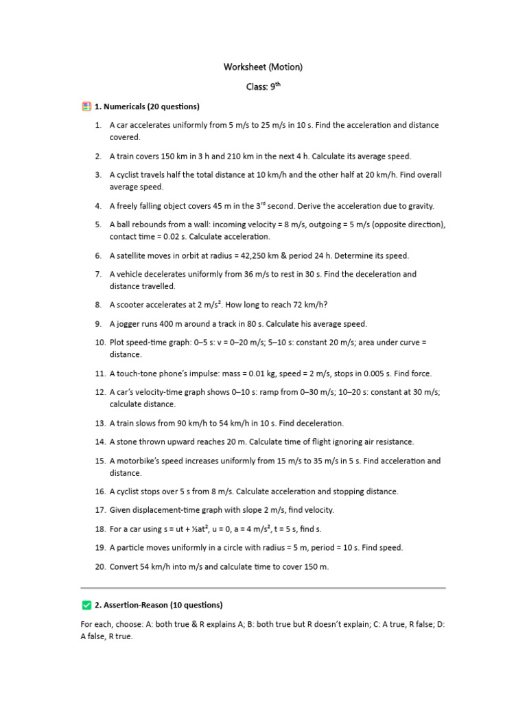 Worksheet CH 2 and 7 Class 9th | PDF | Acceleration | Velocity