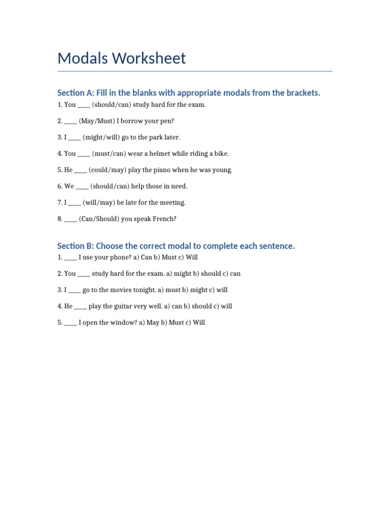 Class 5 Modals Worksheet | PDF
